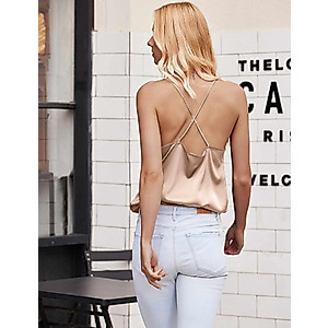 Ekouaer Satin Cowl Neck Tank Top Women Camisole Silky Loose Sleeveless Basic Blouse Ladies Satin Tank Shirt Champagne