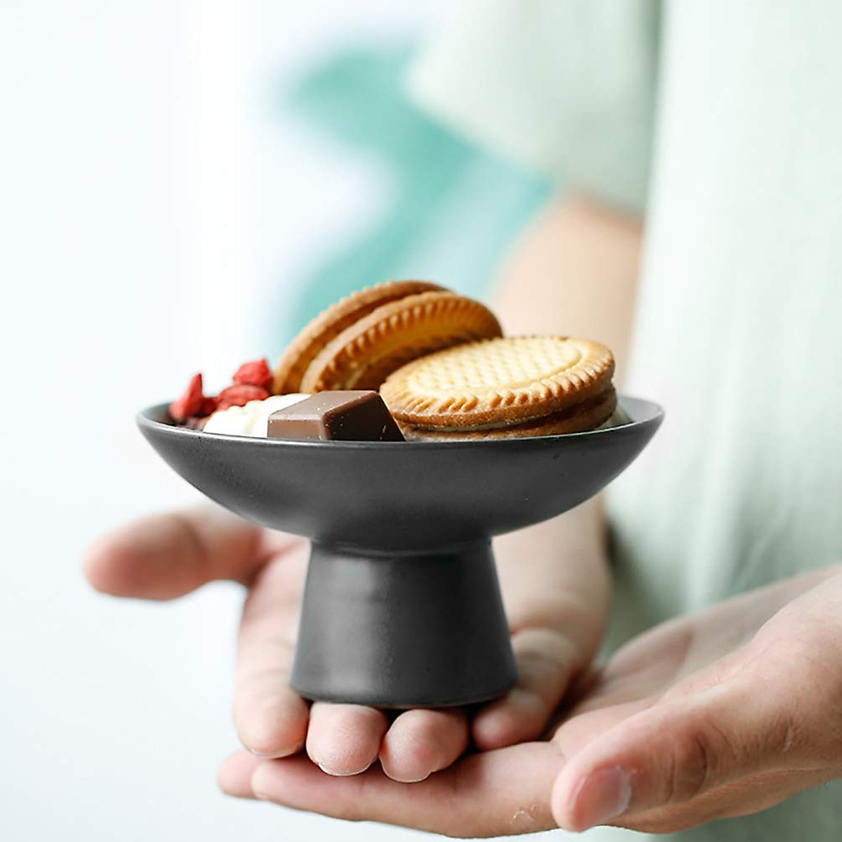 YARNOW Ceramic Snack Bowl Japanese Style Raised Fruit Plate Food Appetizer Serving Tray Candy Dessert Cake Display Dish for Soy Sauce Seasoning Dipping