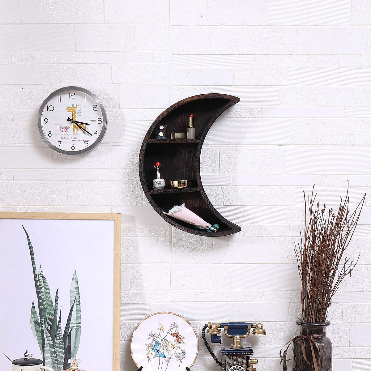 Wall Mounted Moon Shelf-Solid Wood Crystal Shelf，Distressed Antique Finished Storage Holder,Farmhouse Hanging Disaplay Shelves for Living Room,Bedroom(Burnt Color)