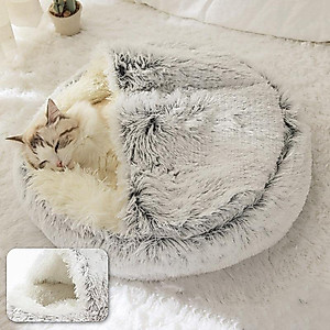 Geizire Small Dog Bed & Cat Bed, Round Donut Calming Cat Beds, Anti-Anxiety Cave Bed with Hooded Blanket for Warmth and Security - Machine Washable, Water/Dirt Resistant Base (Up 6 Pound)