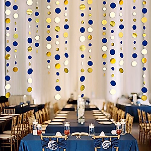 46 Ft Navy Blue and Gold Circle Dots Garland Royal Blue Hanging Paper Polka Dot Streamer for Birthday Wedding Bridal Baby Shower Graduations Nautical Ahoy Achor Pirate Theme Party Decorations Supplies