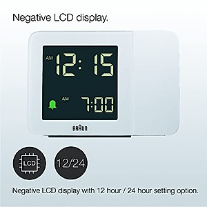 Braun Digital Projection Alarm Clock with 4 Backlight Options, Negative LCD Display, Quick Set, Beep Alarm in White, Model BC15W