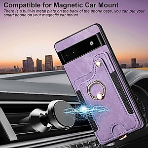 JanCalm for Google Pixel 6a Case Card Holder Wallet, Ring Stand, RFID Blocking, Wrist Strap, Camera Protector, Leather Magnetic Clasp Protective Cover for Google Pixel 6a (Purple)