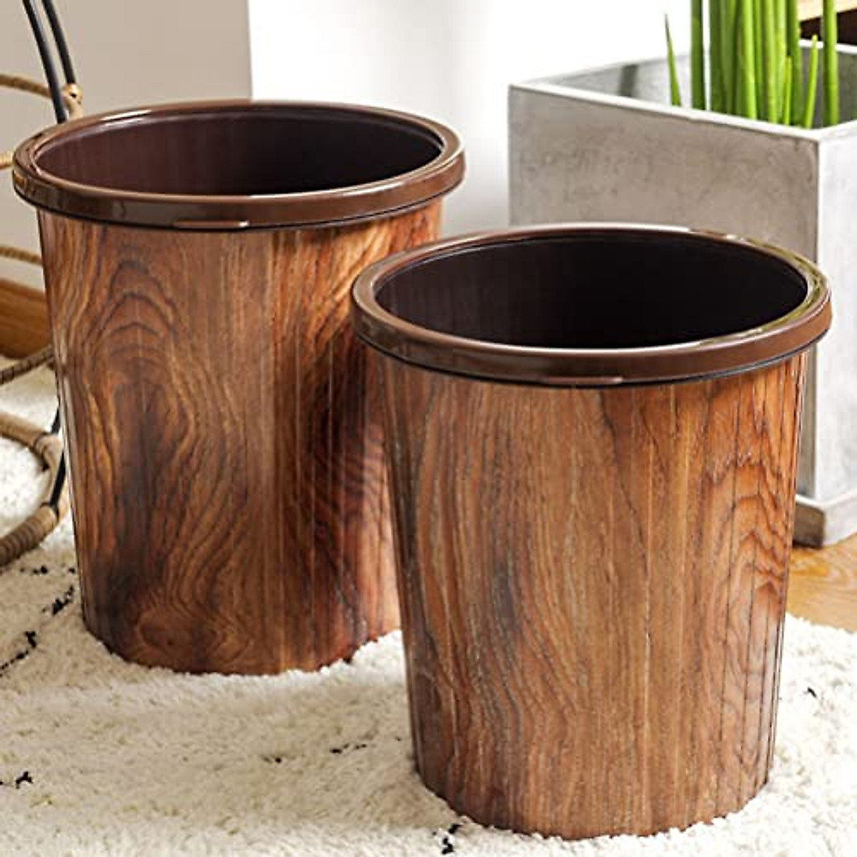 Angoily Trash Can with Pressing Ring 10L Imitation Wood Grain Waste Basket Garbage Can Rubbish Bin Flower Pot Toys Bucket for Home Office Brown