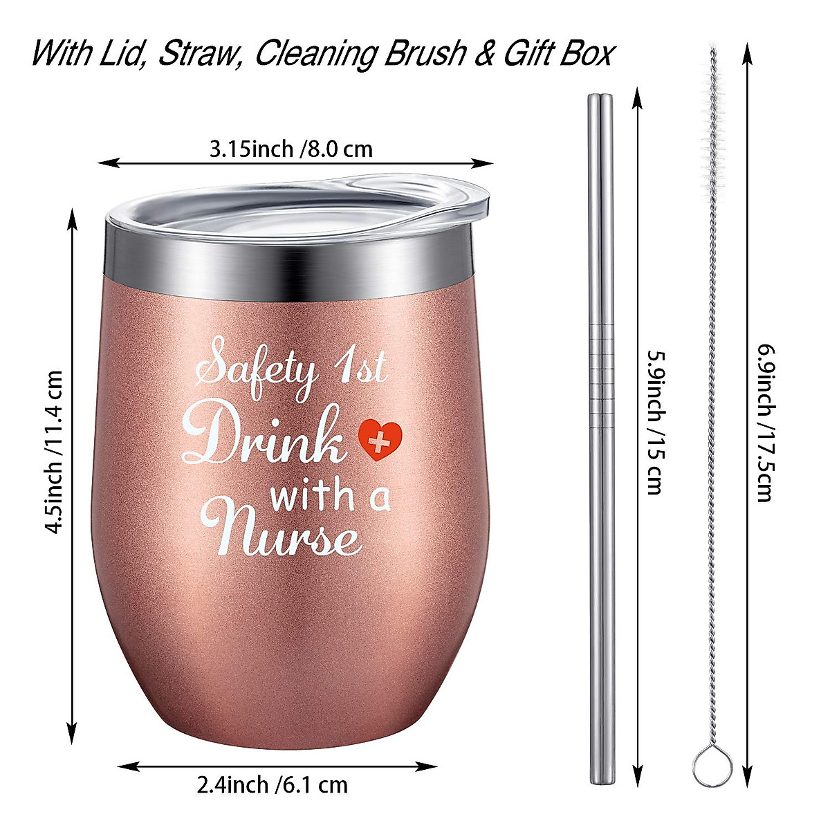 2 Pack Well-designed Nurse Coffee Mug for Women, Safety 1st Drink with a Nurse, Nurses Week Graduation Birthday for Nurse Coworker, 12 oz Nurse Wine Tumbler with Lid, Straw and Brush (Rose gold)