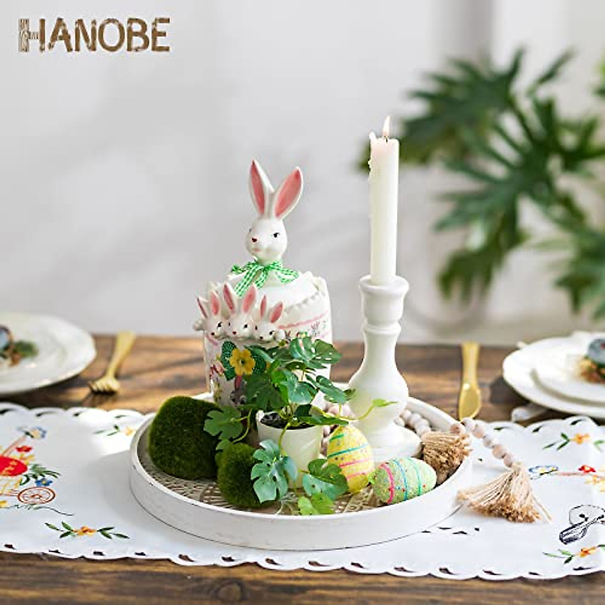 Hanobe Round Wood Decorative Tray: Rustic Coffee Table Tray Farmhouse Tray Decor White Washed Centerpiece Wooden Serving Trays Rounded Tray for Kitchen Counter Boho Ottoman Tray for Home