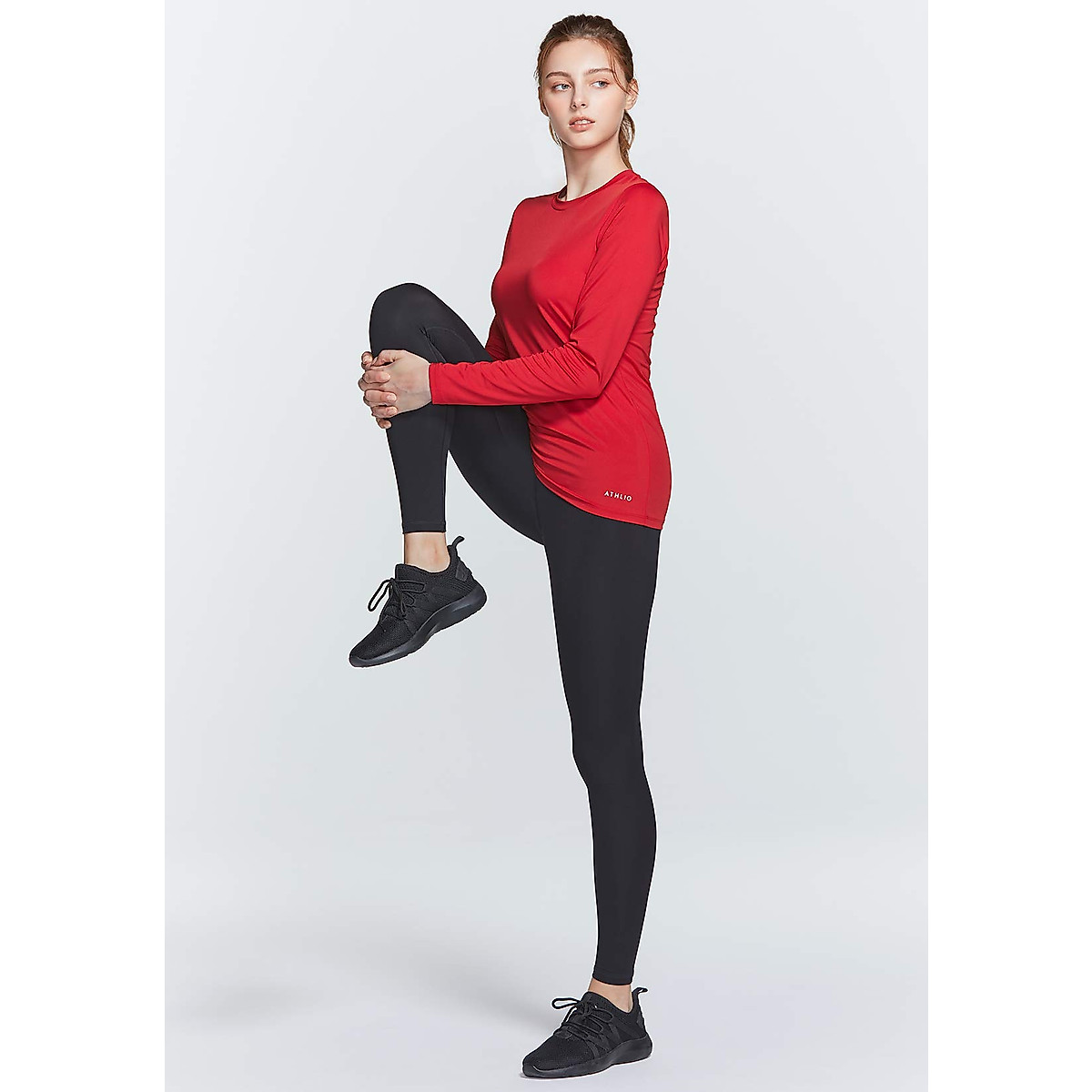 ATHLIO Women's UPF 50+ Long Sleeve Workout Shirts, UV Sun Protection Running Shirt, Dry Fit Athletic Tops, Round Neck 3pack Shirts Teal/White/Red, Large