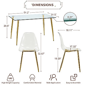 51 inch Glass Dining Table Set for 4, Dining Table & Chair Sets with Gold Plating Legs for Kitchen, Modern Rectangle Tempered Glass Table Top and Transparent Plastic Dining Chair for Dining Room