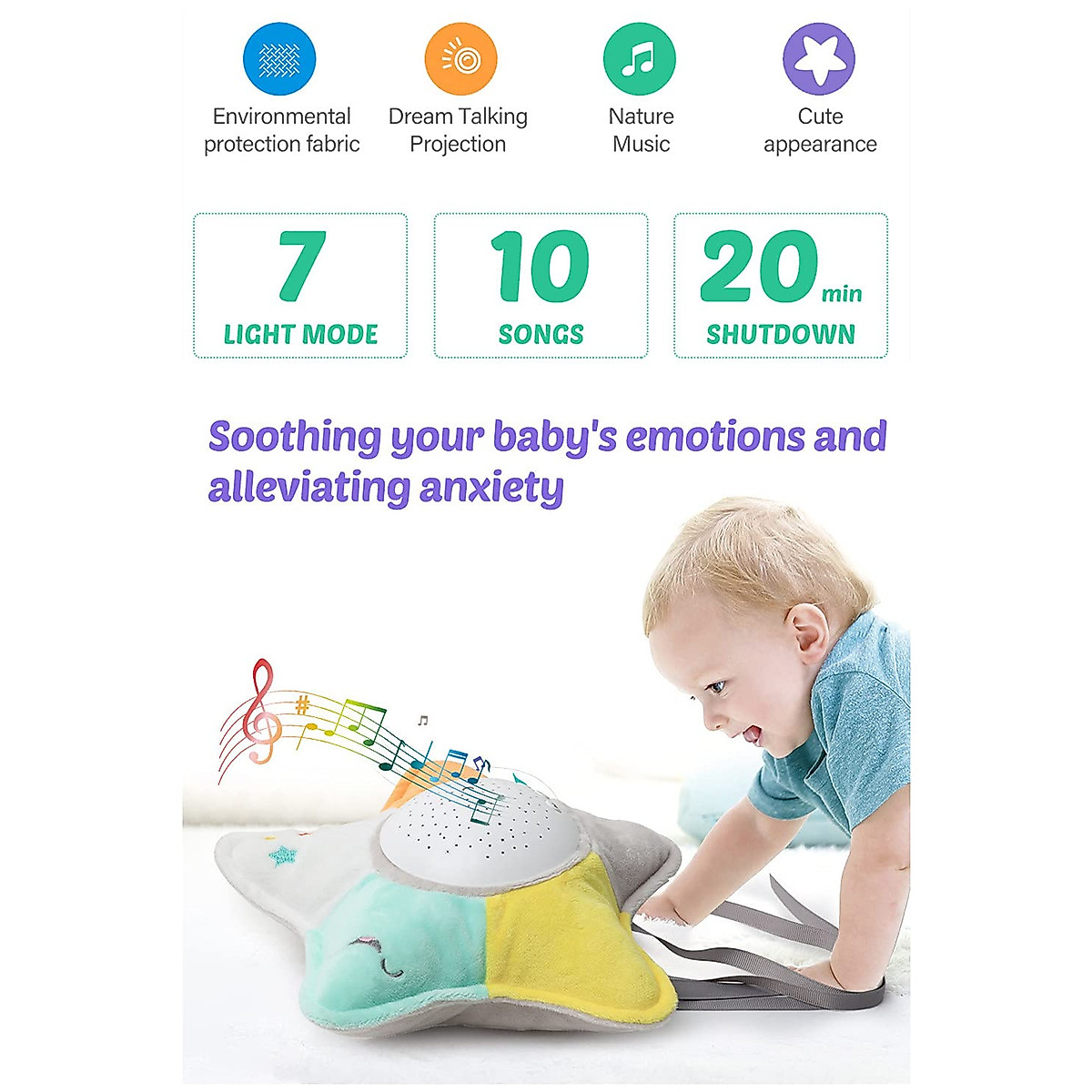 Konig Kids Baby Musical Sleep Soothers with Star Projector, Travel Soothing Sound Machine, Portable Plush Sleep Aid for Toddlers with Soothing Night Light, 10 Lullabies, White Noise, Auto Power Off