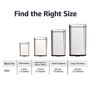 Amazon Basics 50 Liter / 13.2 Gallon Soft-Close, Smudge Resistant Trash Can with Foot Pedal - Brushed Stainless Steel, Satin Nickel Finish