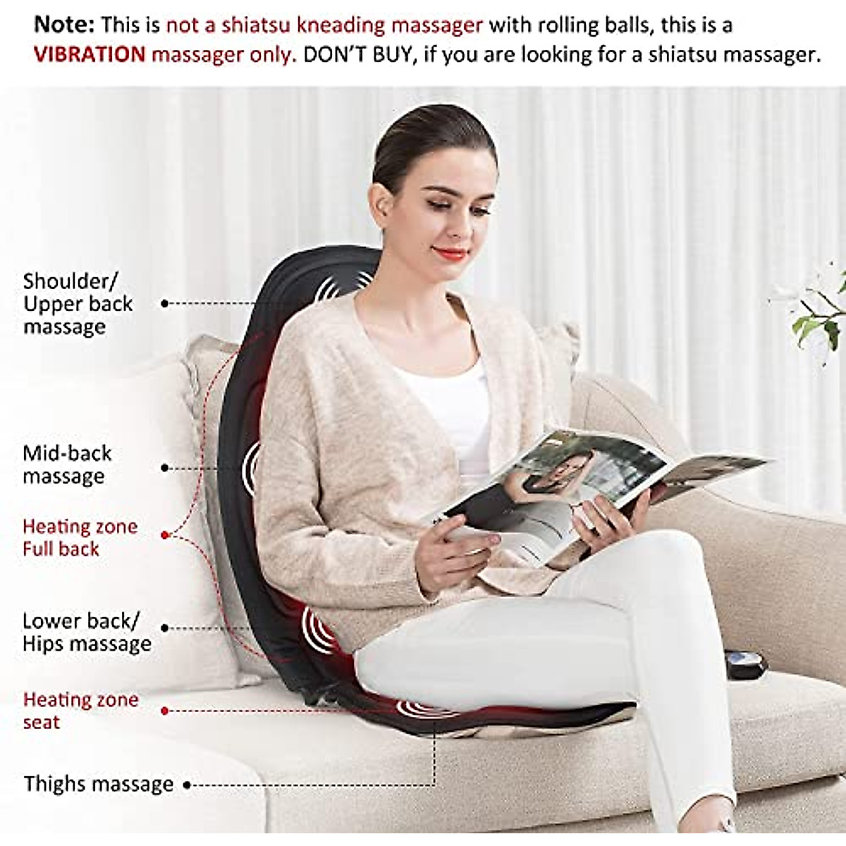 Snailax Massage Seat Cushion - Back Massager with Heat, 6 Vibration Massage Nodes & 2 Heat Levels, Massage Chair Pad for Home Office Chair