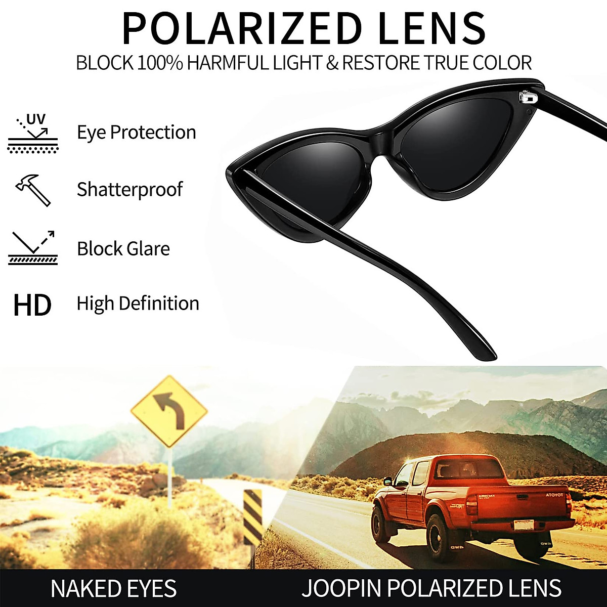 Joopin Polarized Cat Eye Sunglasses for Women, Retro Narrow Pointy Cateye Womens Sun Glasses (Black)