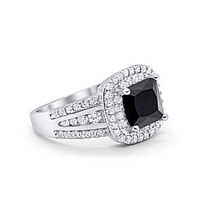Halo Art Deco Wedding Engagement Ring Princess Cut Round Simulated Black Cubic Zirconia 925 Sterling Silver Size-6