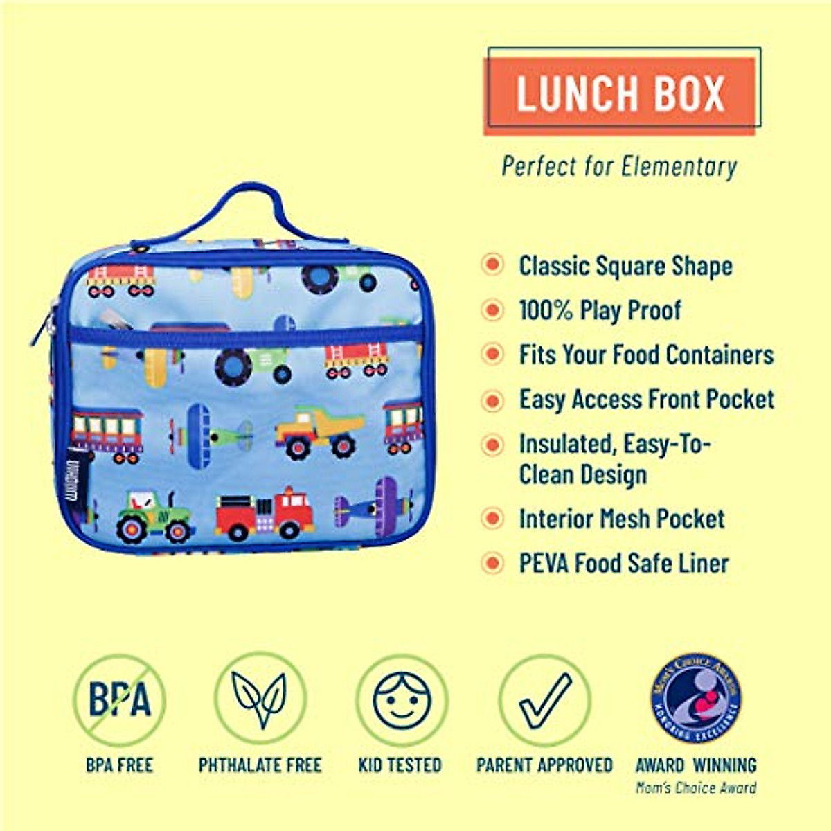 Wildkin 12 Inch Backpack Bundle with Insulated Lunch Box Bag (Trains, Planes & Trucks)