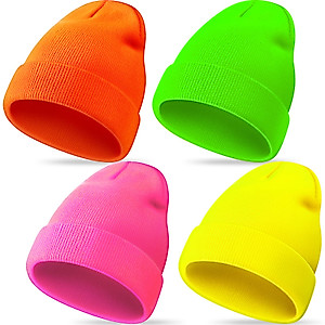 JenPen Neon Beanie Hat Slouchy Beanie Cap Unisex Knitted Winter Hat Ski Plain Beanie Cap for Men and Women (4 Pieces), Green, Yellow, Orange and Pink, One Size