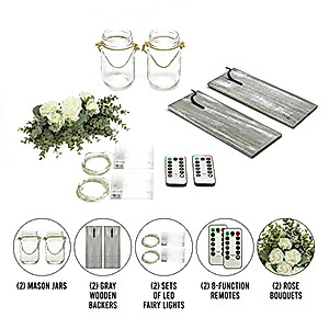 TenXVI Designs Remote Controlled Mason Jar Sconces with Roses and Eucalyptus - Set of 2 - Rustic Farmhouse, Boho, Country Western Home Wall Decoration for a Dining Room, Living Room, Bedroom - Gray