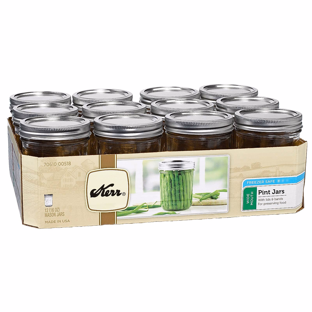 Kerr 12-Count Wide Mouth Pint Glass Mason Jars 16-Ounces with Lids and Bands per (1-Case), Clear