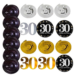 Famoby Black & Gold Glittery Happy 30th Birthday Banner,Poms,Sparkling 30 Hanging Swirls Kit for 30th Birthday Party 30th Anniversary Decorations Supplies