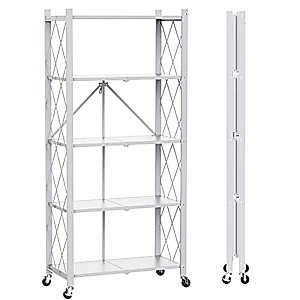 Mochubang Foldable Storage Shelves Unit, 5-Tier Folding Shelf Steel Shelving Rack Organizer Cart with Rolling Wheels for Mobile in Kitchen, Warehouse, Closet, Patio, Pantry Organization (White)