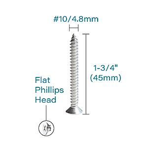 #10 x 1-3/4" Wood Screws, Self-Tapping Cabinet Screws 25pcs, Flat Head 18/8 Stainless Steel Sheet Metal Screws Countersunk Phillips Drive for Indoor and Outdoor Wooden Working by IMSCREWS