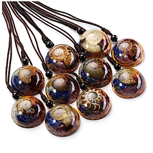 Jovivi 7 Chakra Gemstone Reki Healing Crystal Necklace Round Circle Shape Ammonite Fossil Chip Stones Resin Pendant Necklace for Women Men Jewelry Christmas Gifts