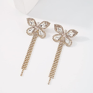 Girlssory Long Bow Tassel Earrings Full Diamond Earrings Butterfly Long Tassels Earrings Fashion Dangle Earrings for Women (Gold A)