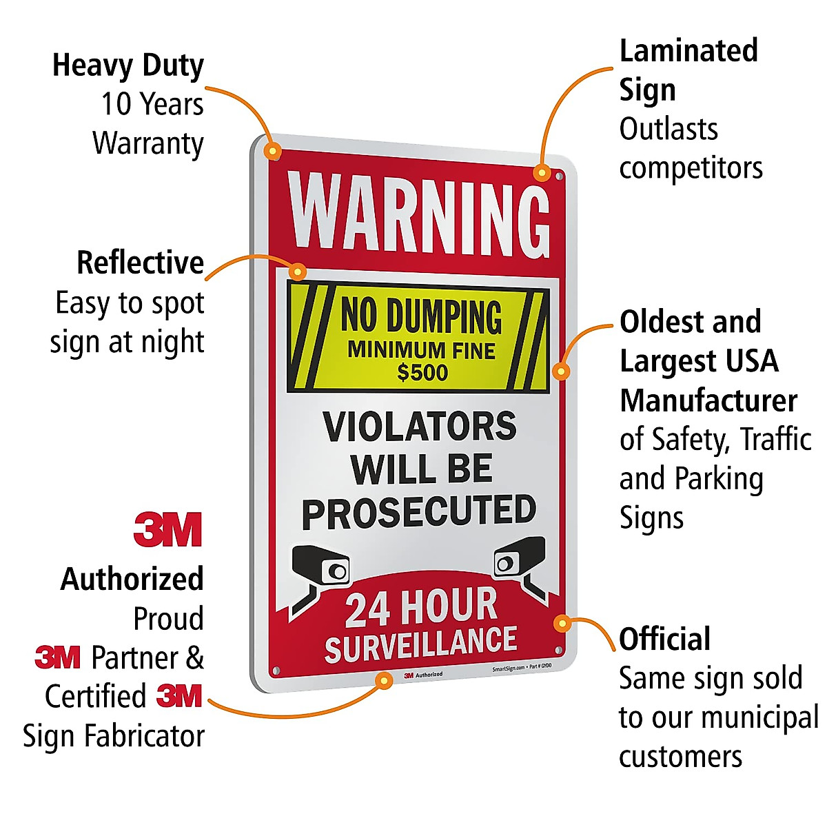 SmartSign 18" x 12" 'Warning - No Dumping, Minimum Fine USD 500, Violators Prosecuted, 24 Hour Surveillance' Metal Sign, 63 mil Aluminum, 3M Laminated Engineer Grade Reflective, USA-Made