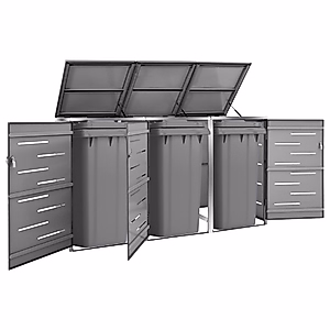 vidaXL Triple Wheelie Bin Shed - Stainless Steel Frame, Outside Bin Storage - Anthracite Colored, Galvanized Steel Panel, Spacious, Anti-Rust, Lockable