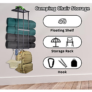 Gtouse Camping Chair Storage, Camping Chair Organizer for Garage Storage, Metal Camping Chair Wall Storage Holder, Floating Shelf with 4 Hooks for Garage Organization