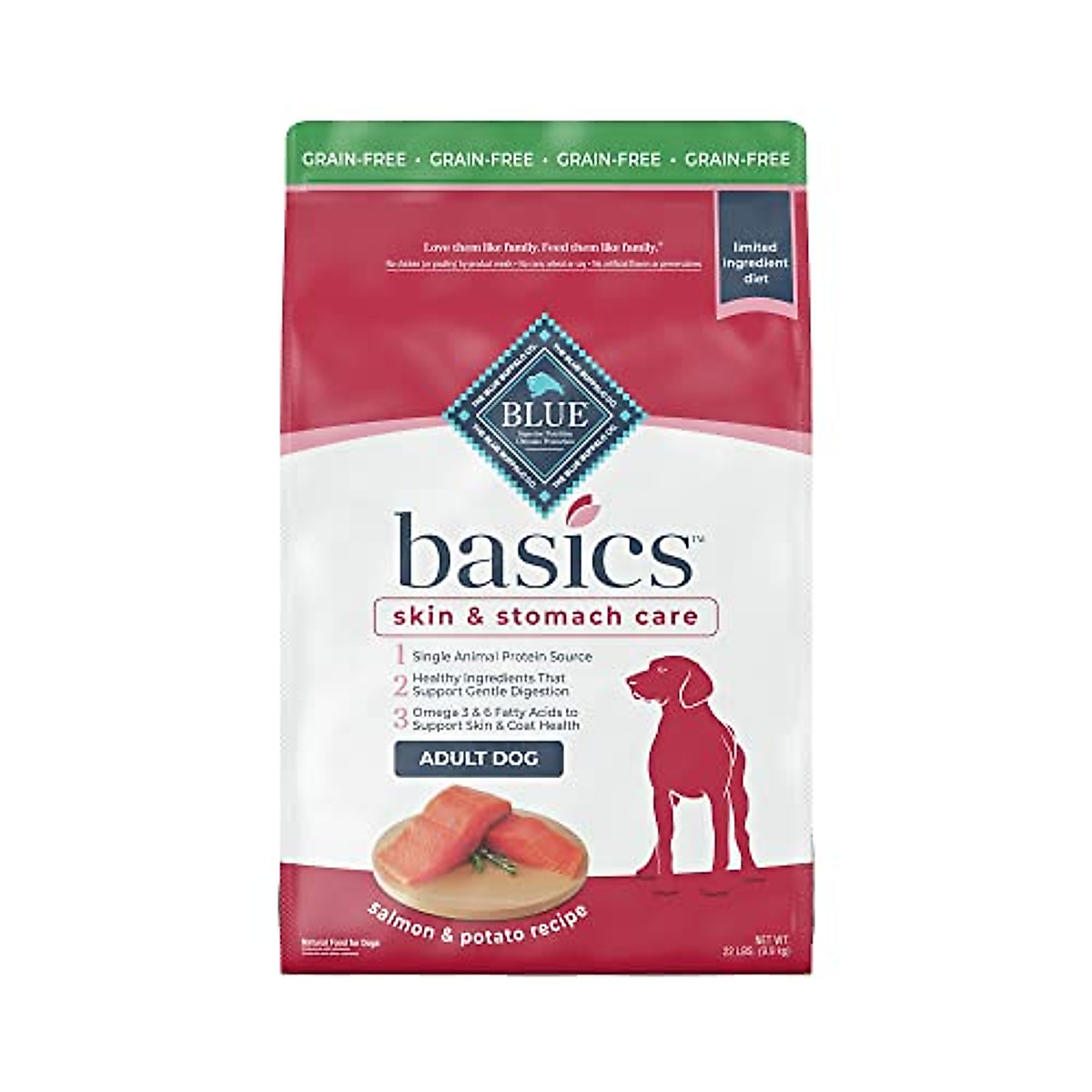 Blue Buffalo Basics Skin & Stomach Care, Grain Free Natural Adult Dry Dog Food, Salmon & Potato 22-lb