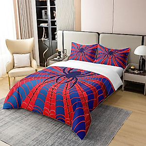 Spider Silhouette 100% Cotton Duvet Cover,Watercolor Abstract Spider Web Kids Halloween Theme Comforter Cover,Red Blue Print Cartoon Spider Web Comforter Cover 2 Pcs with 1 Pillowcase Twin