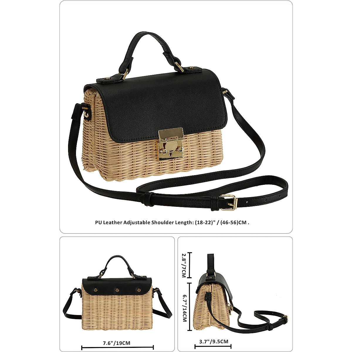 So'each Women's Handbag Wicker Square Rattan Bamboo Bag Woven Crossbody Bag Black