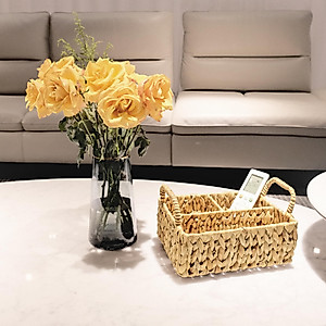 Remote Control Holder Wicker Desk Organizer Divided Storage Basket,Hand Woven Cosmetic Storage Box with 3 Compartments,Water Hyacinth Remote Control Basket for Desktop Organizing