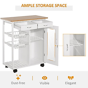 HOMCOM 28" Rolling Kitchen Island with Storage, Kitchen Cart with Solid Bamboo Top, Wire Basket,Door Cabinet and Drawers, White