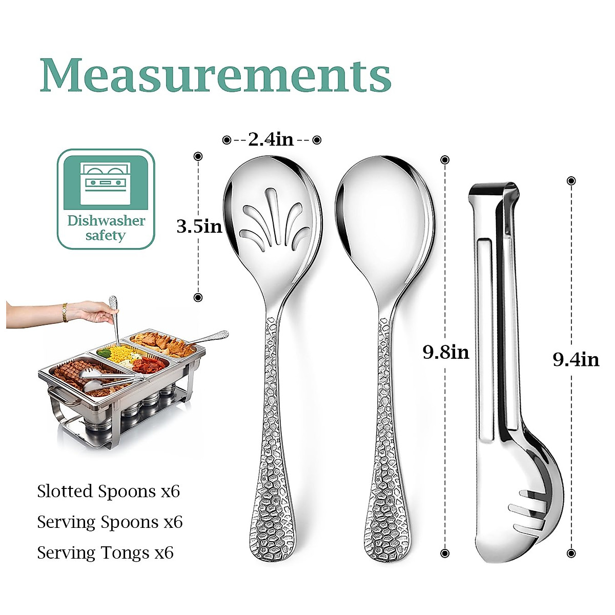 Teivio Hammered Stainless Steel Metal Serving Utensils Set of 18, 10" Serving Spoons, 10" Slotted Spoons, 9" Serving Tongs, Large Hostess Serving Set for Parties Chafing Dish Buffet Catering (Silver)