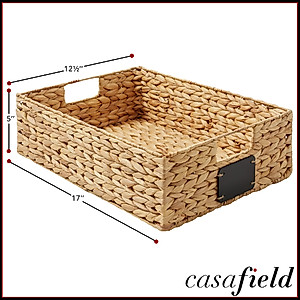 Casafield Set of 4 Water Hyacinth Pantry Baskets, 12-1/2" x 17" x 5", with Chalkboard Labels and Chalk Marker - Natural, Woven Storage Bin Organizers for Kitchen Shelves