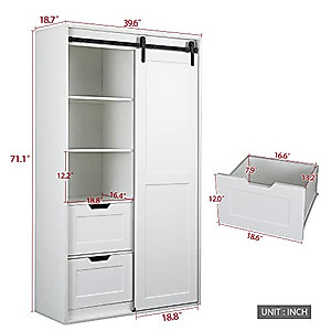 71 inch Tall Bedroom Armoire Wardrobe Closet Clothing Storage Cabinet with Hanging Rod Barn Door Drawers Open Shelves (White)
