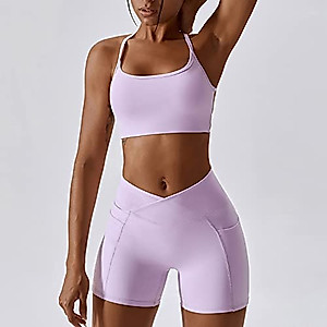 Workout Sets for Womem 2 Piece Criss Cross Back Sport Bra Cross Waist High Waist Booty Shorts with Pocket Exercise Gym Yoga Outfits Cross Back Purple Large