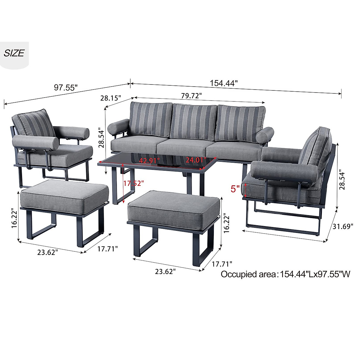 ovios Patio Furniture Set 6 Pieces Outdoor Aluminum Sofa Couch with Coffee Table Ottomans Cushions High Back Sofa All Weather Conversation Set, Black-Grey Stripe