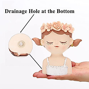 4.35" Cute Head Planter Pot Resin Succulent Planter Little Girl Flower Pot, Human Face Cactus Plants Container Bonsai Holder Thumb Pot Fairy Figurine Statue Planters with Drainage Decor Gift