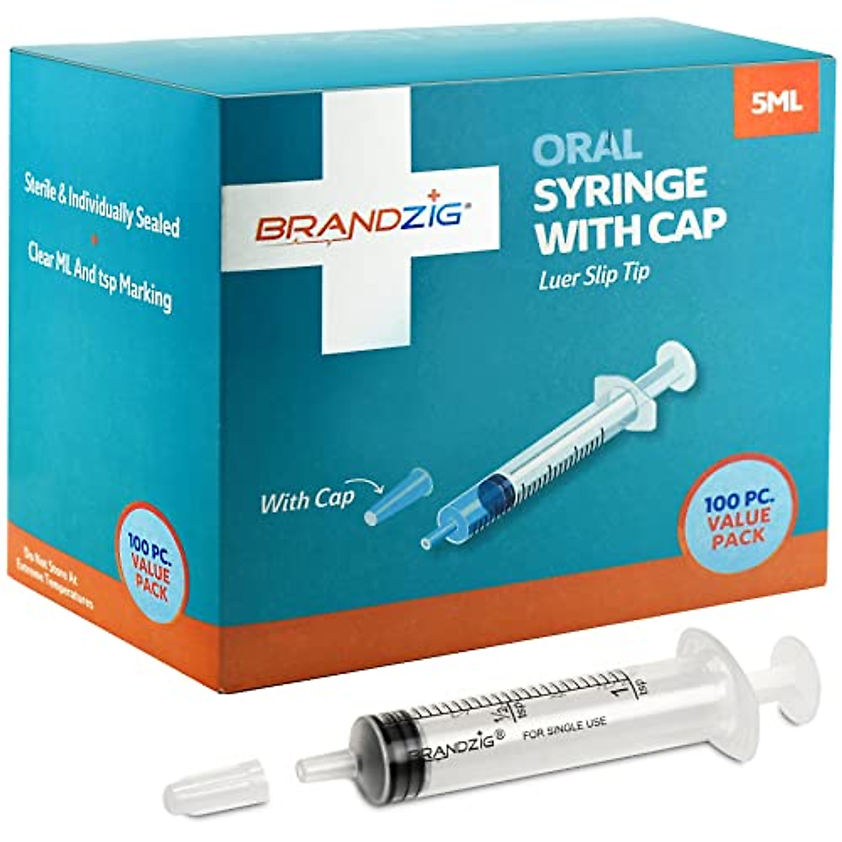 5ml Syringe With Cap (100 Pack) | Oral Dispenser Without Needle, Luer Slip Tip, | Individually Wrapped Medicine Dropper For Infants & Pets