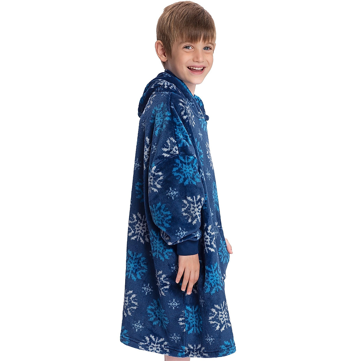 Mad Dog Wearable Fleece Blanket Hoodie, Christmas Matching Family Sets with Long Sleeves for Adults Girls & Boys Xmas Poncho, Kids, Blue Print, 8-13 Years