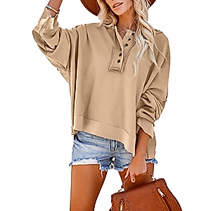 Dokotoo Casual Loose Long Sleeve Hoodies for Women Fashion Solid Button Down Batwing Sleeve Hooded Sweatshirt Khaki Large