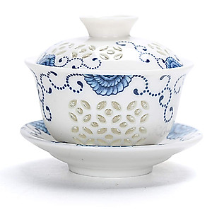 Ceramic Gai Wan Tea Cup, Gaiwan For Chinese Traditional Gong Fu Tea Ceremony To Brew Loose Oolong Bags or Flower GW-W5 (Sunward flower)