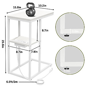 Yoobure C Shaped End Table with Charging Station, Small Side Tables for Living Room Bedroom, Sofa Table with USB Ports and Outlets for Small Spaces, Couch Table Rustic Snack Table Bed Side Table