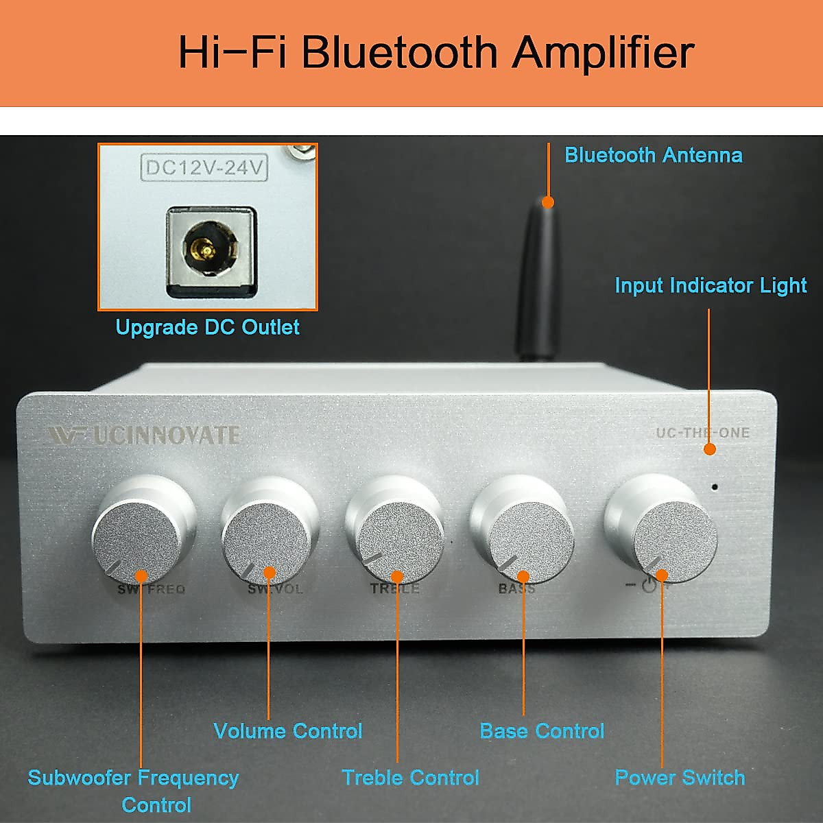 UCINNOVATE Bluetooth Stereo Audio Receiver Amplifier, Hi-Fi Class D Audio Amp with Subwoofer AUX Output, Bluetooth Power Amplifier 2.1 Channel Digital Amplifier for Home Speakers, 100W x 2 + 50W