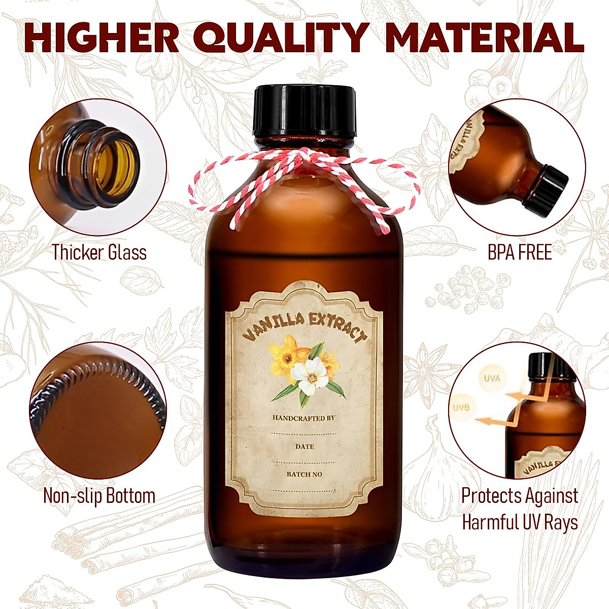 12 Pack 2 Ounce Amber Glass Bottle with Lids Vanilla Extract Homemade Brown Bottle 2 oz and 12Pcs Vanilla Extract Stickers for Syrup Gift Glass