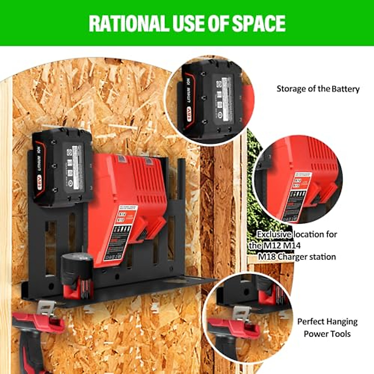 Riuog Wall Mount Bracket for Milwaukee M12 M18 Battery and Charger,Battery Storage for 12V18V, Metal 5 Battery Holder and Charger Holder for Tool Room and Garage (1size) (5 Battery Holes)