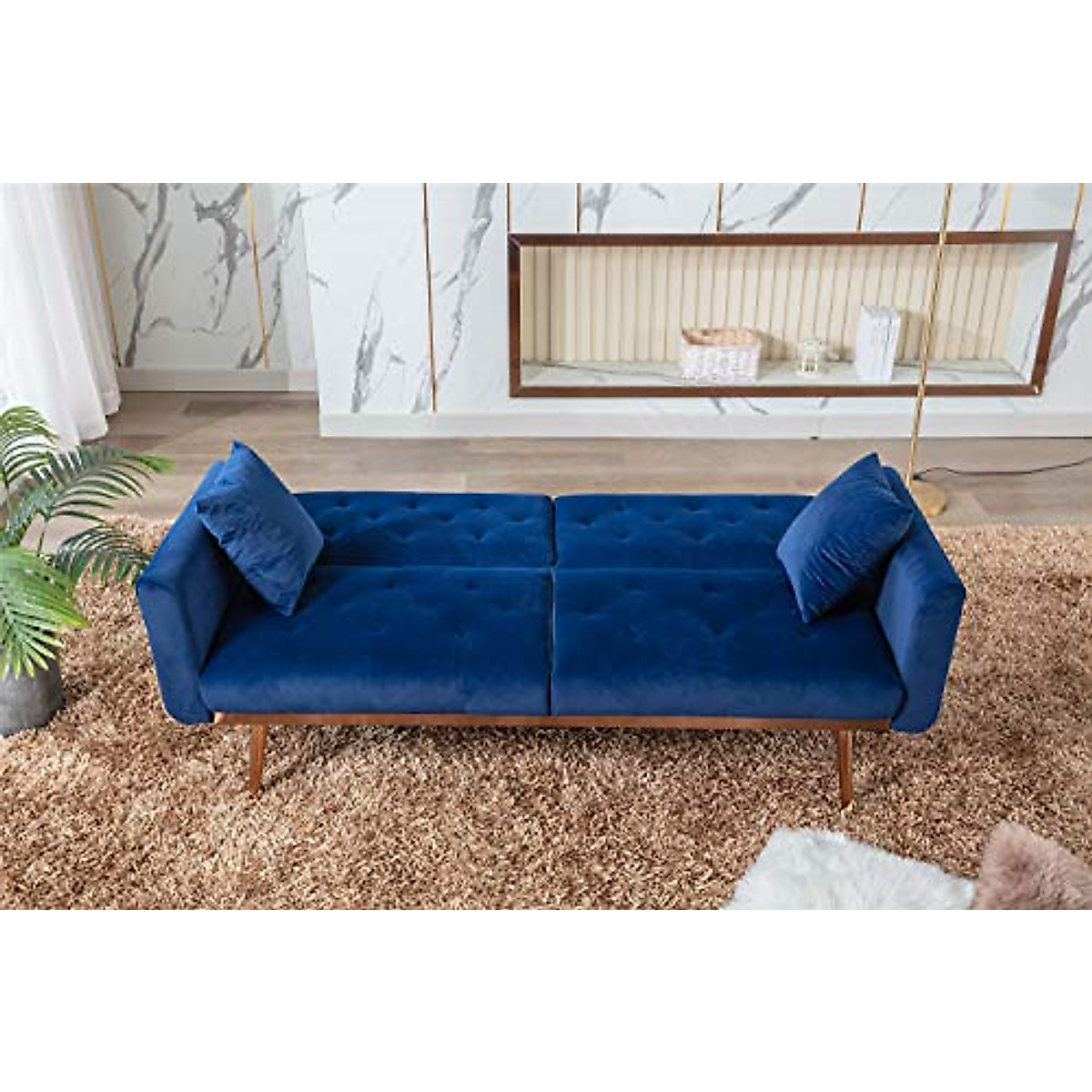 Velvet Mini Sofa, Accent Sofa, Modern Folding Couch, Sofa Bed for Living Room, Loveseat Sofa with Rose Gold Metal Feet (Navy)