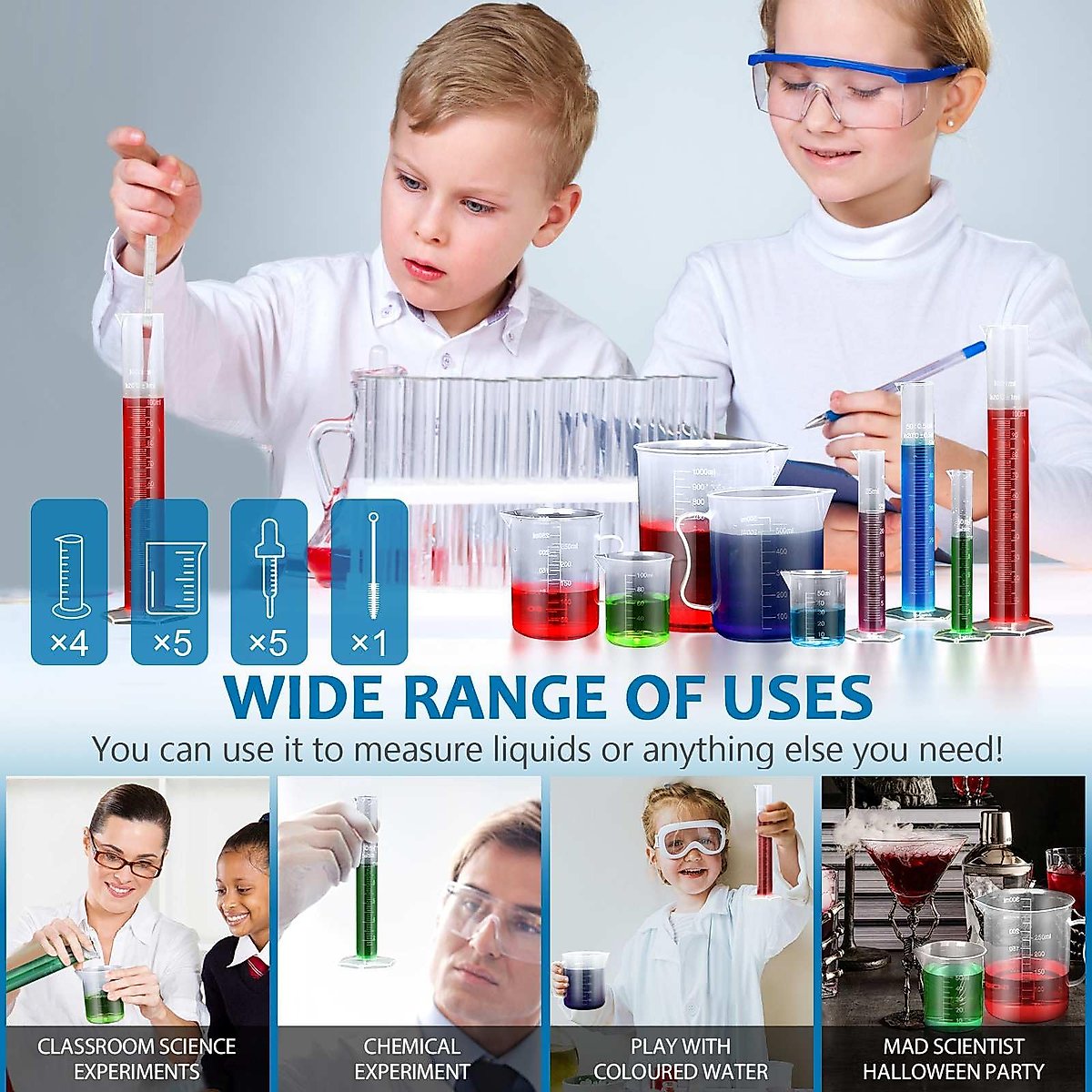 moveland Upgraded Plastic Graduated Cylinder and Plastic Beakers Set - Graduated Cylinder 10ml 25ml 50ml 100ml, Beakers 50ml 100ml 250ml 500ml 1000ml, 5 Pcs Pipettes, Ideal for DIY and Science Lab